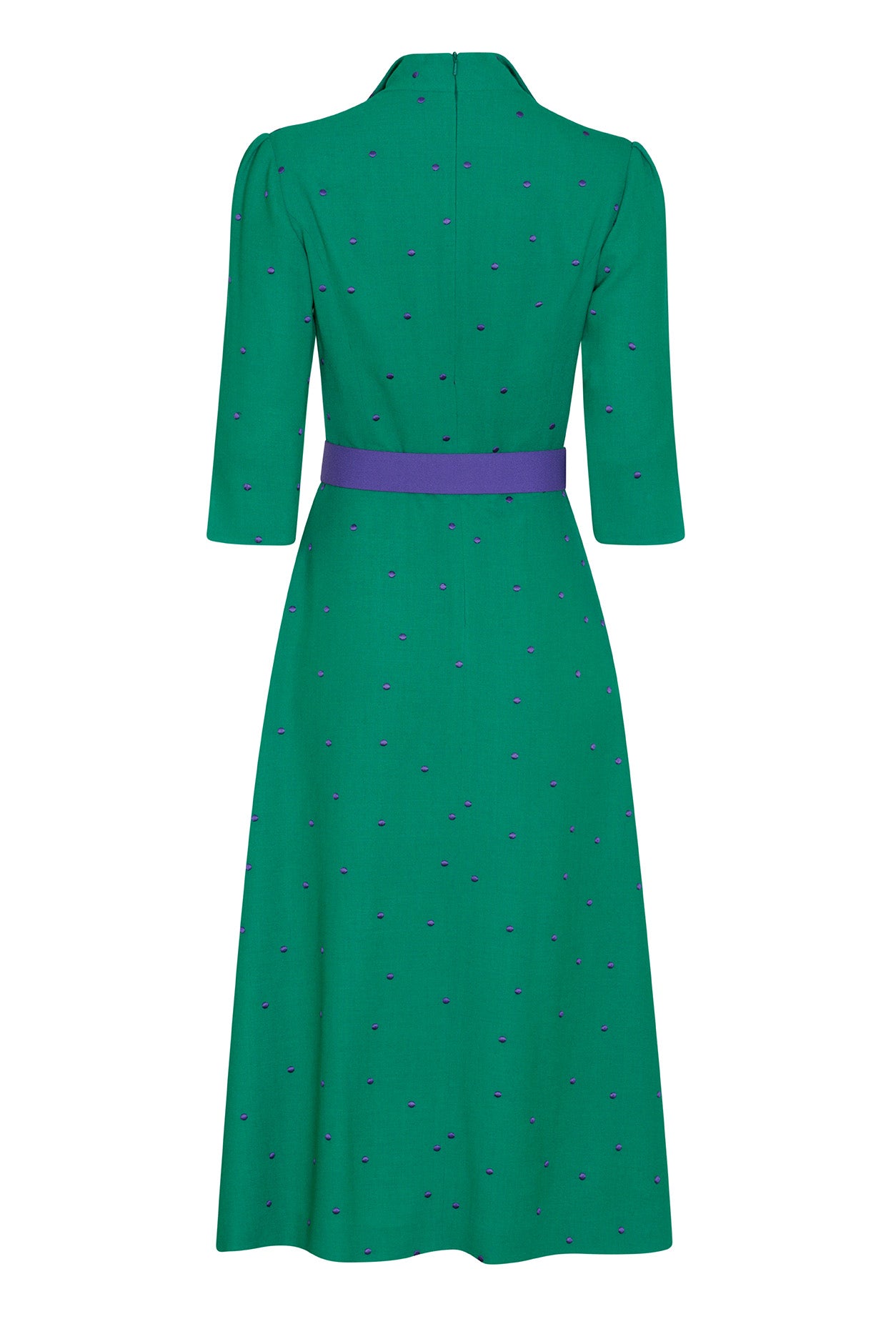 Calf-Length, A-Line Dress in Green and Purple Spot Crepe - Naomi – Lalage Beaumont