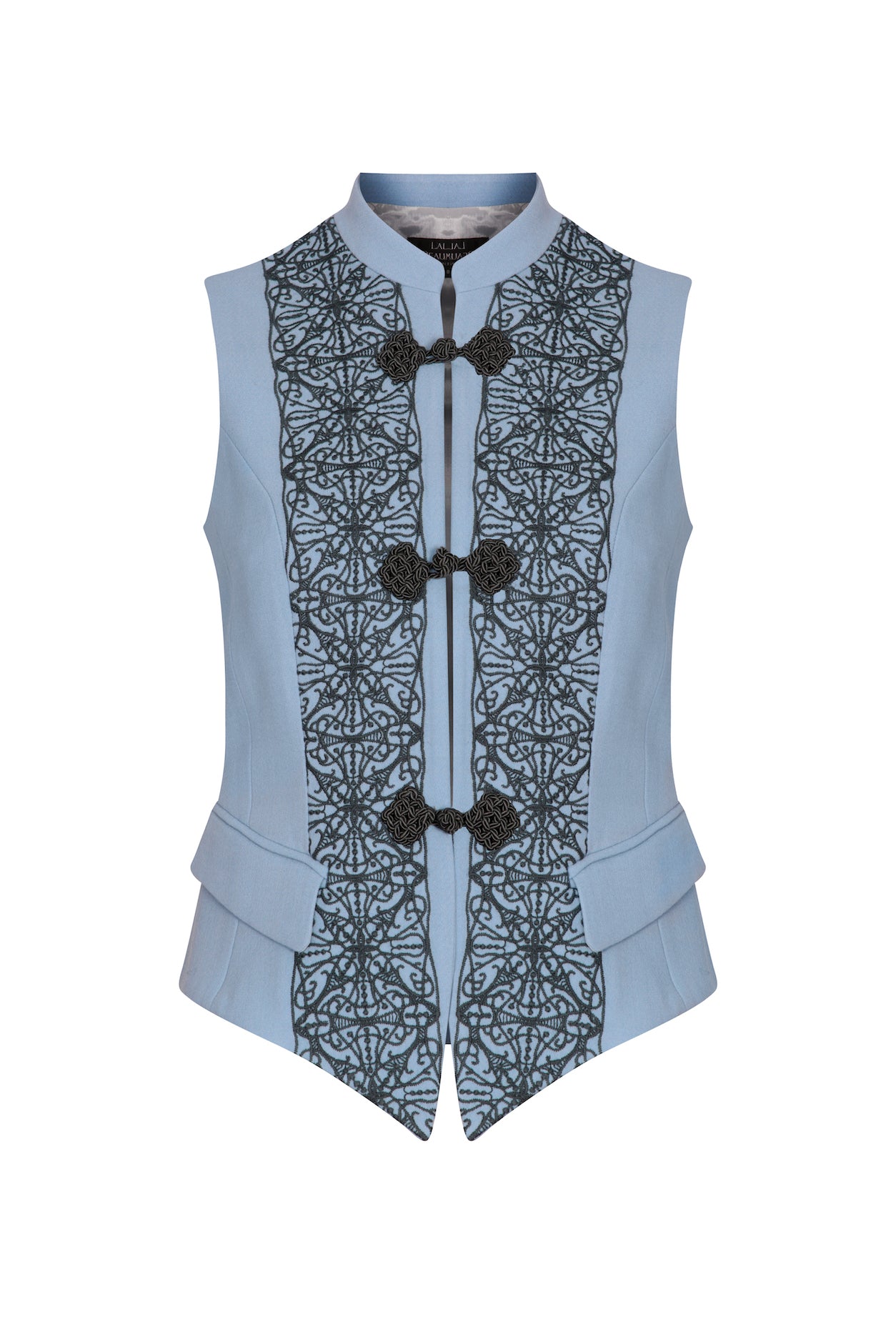Waistcoat in Embroidered Sky Faille with Grey Frogging Fastening - Wen ...