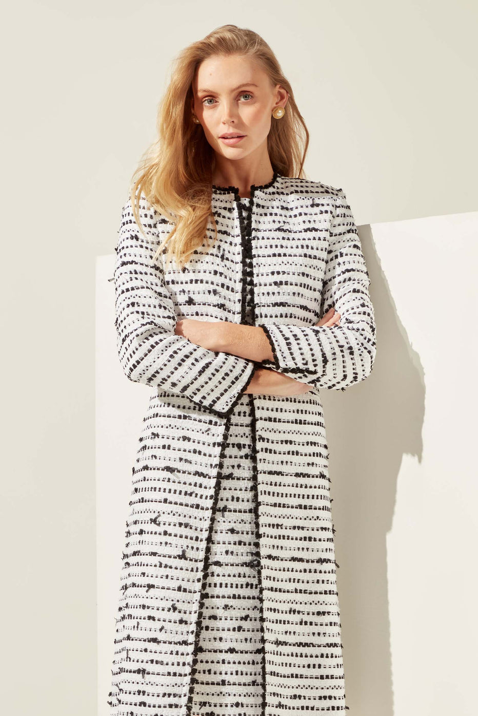 Tweed Dress Coat in White with Black Tufted Stripes and Braid Trim ...